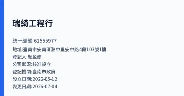 瑞綺工程行的照片-統編 61555977(臺南市) 公司登記資料與營業項目詳細圖表