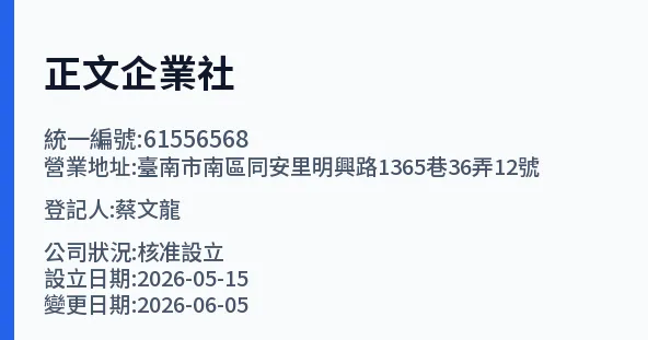 正文企業社的照片-統編 61556568(臺南市) 公司登記資料與營業項目詳細圖表