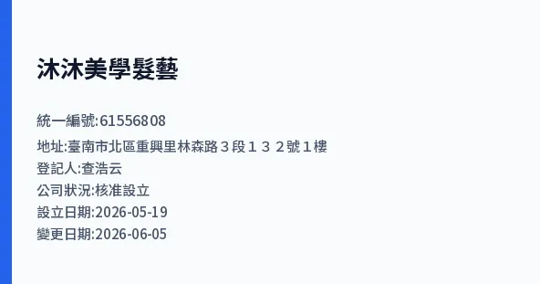 沐沐美學髮藝的照片-統編 61556808(臺南市) 公司登記資料與營業項目詳細圖表