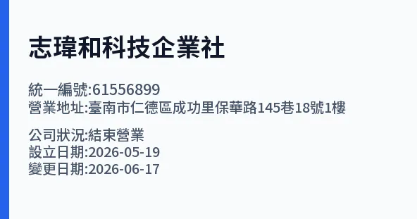 志瑋和科技企業社的照片-統編 61556899(臺南市) 公司登記資料與營業項目詳細圖表