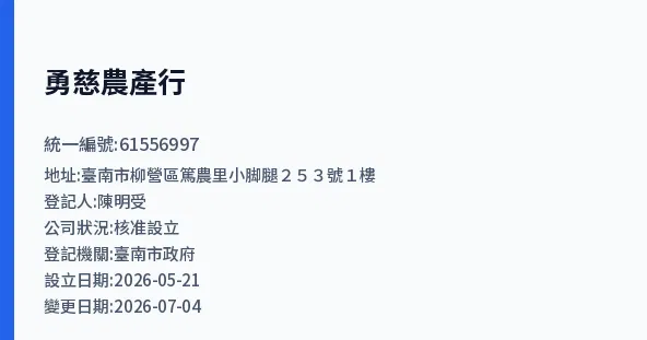 勇慈農產行的照片-統編 61556997(臺南市) 公司登記資料與營業項目詳細圖表