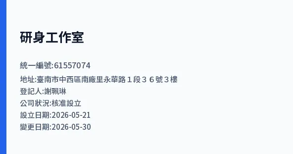 研身工作室的照片-統編 61557074(臺南市) 公司登記資料與營業項目詳細圖表