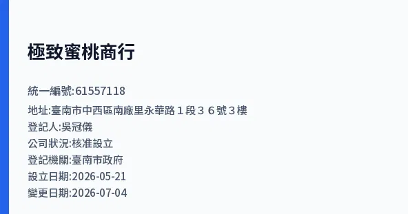 極致蜜桃商行的照片-統編 61557118(臺南市) 公司登記資料與營業項目詳細圖表