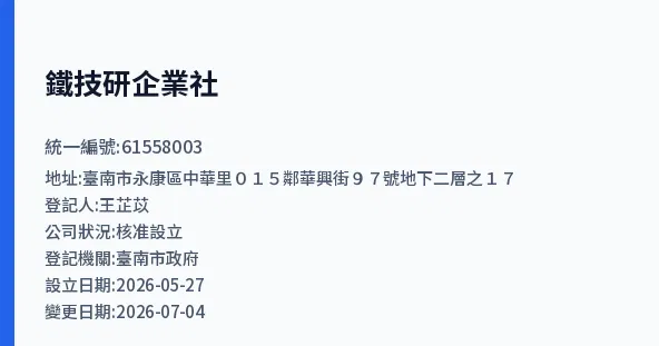 鐵技研企業社的照片-統編 61558003(臺南市) 公司登記資料與營業項目詳細圖表