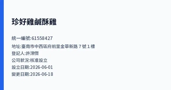 珍好雞鹹酥雞的照片-統編 61558427(臺南市) 公司登記資料與營業項目詳細圖表