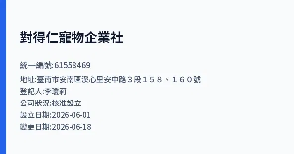 對得仁寵物企業社的照片-統編 61558469(臺南市) 公司登記資料與營業項目詳細圖表