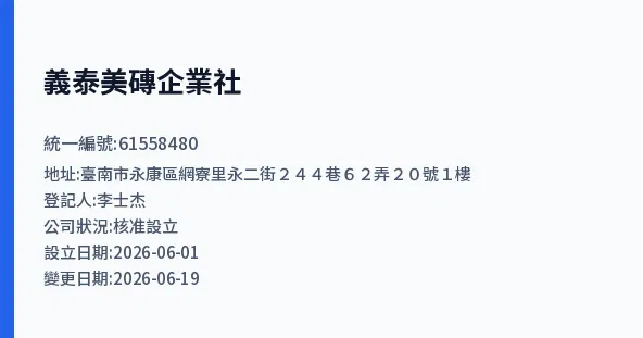 義泰美磚企業社的照片-統編 61558480(臺南市) 公司登記資料與營業項目詳細圖表