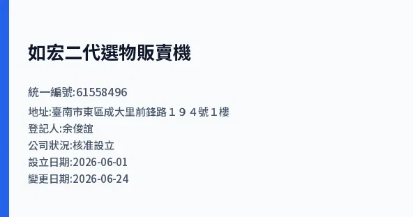 如宏二代選物販賣機的照片-統編 61558496(臺南市) 公司登記資料與營業項目詳細圖表
