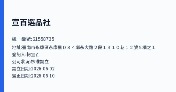 宣百選品社的照片-統編 61558735(臺南市) 公司登記資料與營業項目詳細圖表
