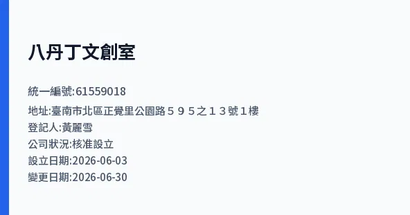 八丹丁文創室的照片-統編 61559018(臺南市) 公司登記資料與營業項目詳細圖表