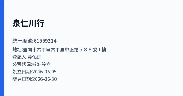 泉仁川行的照片-統編 61559214(臺南市) 公司登記資料與營業項目詳細圖表