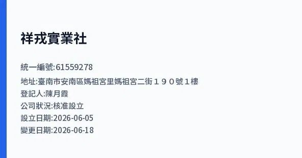祥戎實業社的照片-統編 61559278(臺南市) 公司登記資料與營業項目詳細圖表