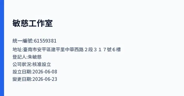 敏慈工作室的照片-統編 61559381(臺南市) 公司登記資料與營業項目詳細圖表