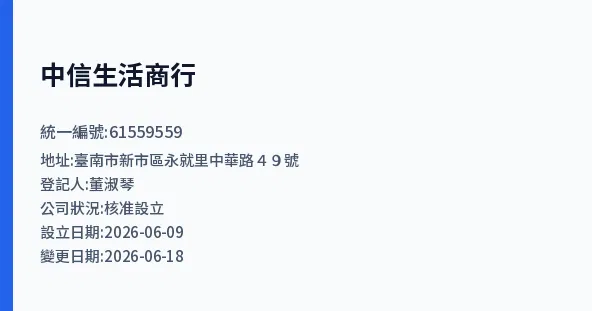 中信生活商行的照片-統編 61559559(臺南市) 公司登記資料與營業項目詳細圖表