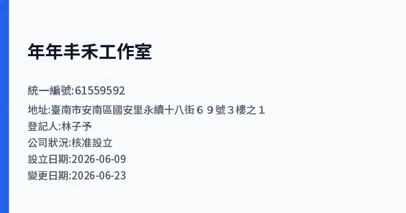 年年丰禾工作室的照片-統編 61559592(臺南市) 公司登記資料與營業項目詳細圖表