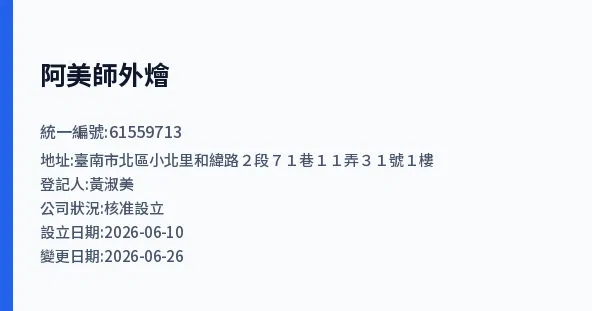 阿美師外燴的照片-統編 61559713(臺南市) 公司登記資料與營業項目詳細圖表