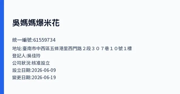 吳媽媽爆米花的照片-統編 61559734(臺南市) 公司登記資料與營業項目詳細圖表