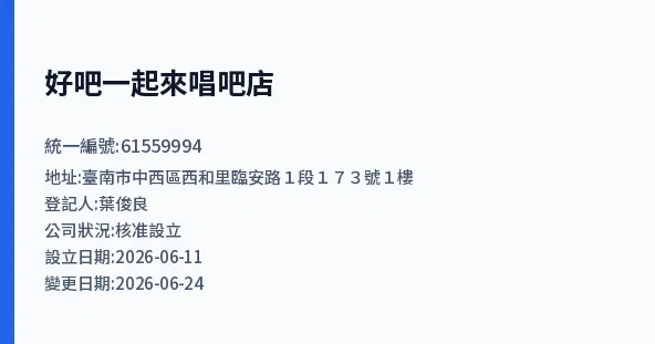 好吧一起來唱吧店的照片-統編 61559994(臺南市) 公司登記資料與營業項目詳細圖表