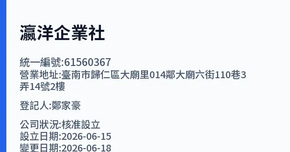 瀛洋企業社的照片-統編 61560367(臺南市) 公司登記資料與營業項目詳細圖表
