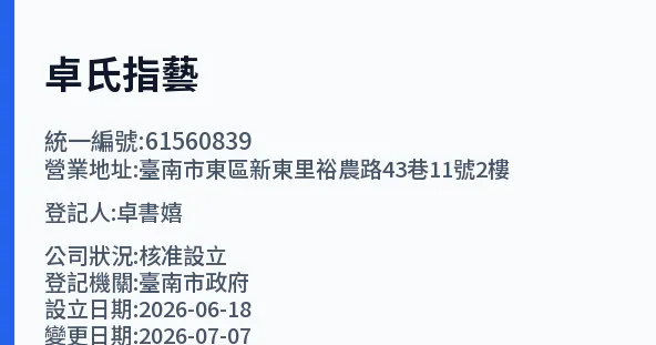卓氏指藝的照片-統編 61560839(臺南市) 公司登記資料與營業項目詳細圖表