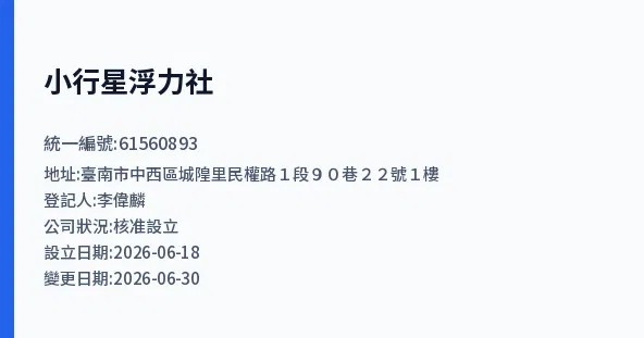小行星浮力社的照片-統編 61560893(臺南市) 公司登記資料與營業項目詳細圖表