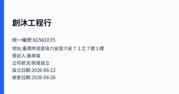 創沐工程行的照片-統編 61561035(臺南市) 公司登記資料與營業項目詳細圖表