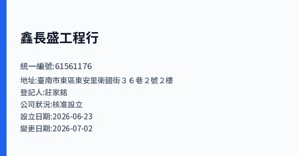 鑫長盛工程行的照片-統編 61561176(臺南市) 公司登記資料與營業項目詳細圖表