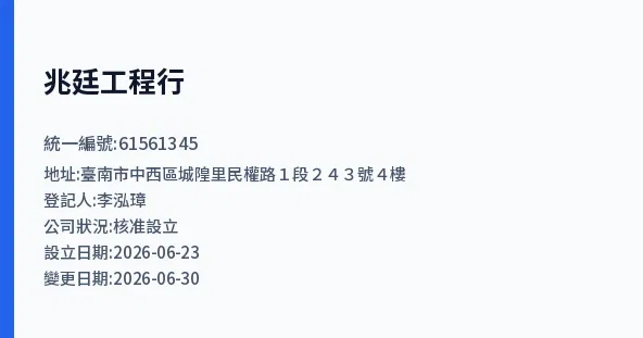 兆廷工程行的照片-統編 61561345(臺南市) 公司登記資料與營業項目詳細圖表