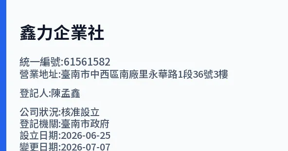 鑫力企業社的照片-統編 61561582(臺南市) 公司登記資料與營業項目詳細圖表