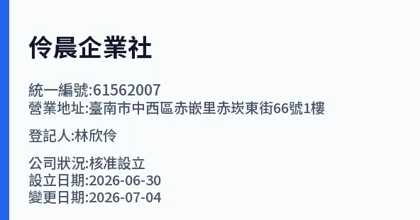 伶晨企業社的照片-統編 61562007(臺南市) 公司登記資料與營業項目詳細圖表