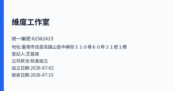 維度工作室的照片-統編 61562415(臺南市) 公司登記資料與營業項目詳細圖表