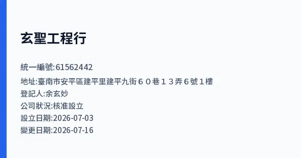 玄聖工程行的照片-統編 61562442(臺南市) 公司登記資料與營業項目詳細圖表