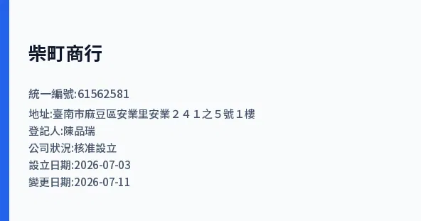 柴町商行的照片-統編 61562581(臺南市) 公司登記資料與營業項目詳細圖表