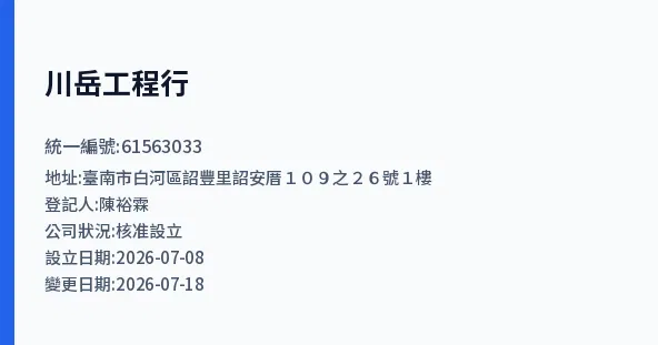 川岳工程行的照片-統編 61563033(臺南市) 公司登記資料與營業項目詳細圖表