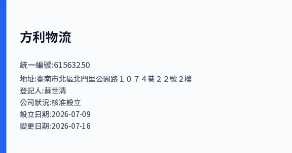 方利物流的照片-統編 61563250(臺南市) 公司登記資料與營業項目詳細圖表