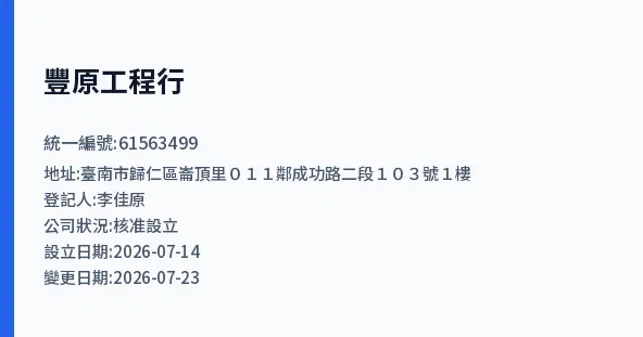 豐原工程行的照片-統編 61563499(臺南市) 公司登記資料與營業項目詳細圖表