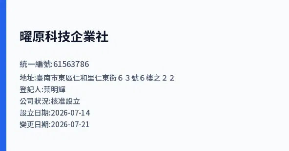 曜原科技企業社的照片-統編 61563786(臺南市) 公司登記資料與營業項目詳細圖表