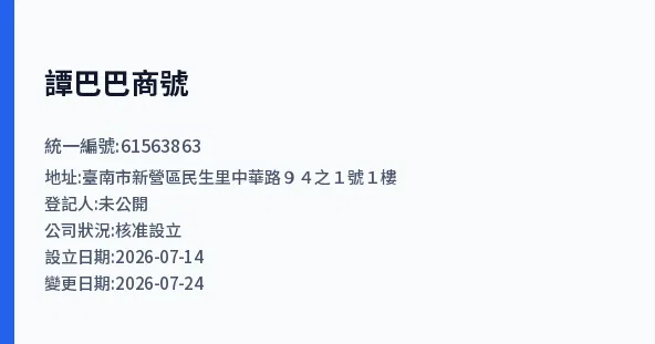 譚巴巴商號的照片-統編 61563863(臺南市) 公司登記資料與營業項目詳細圖表