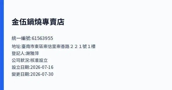 金伍鍋燒專賣店的照片-統編 61563955(臺南市) 公司登記資料與營業項目詳細圖表
