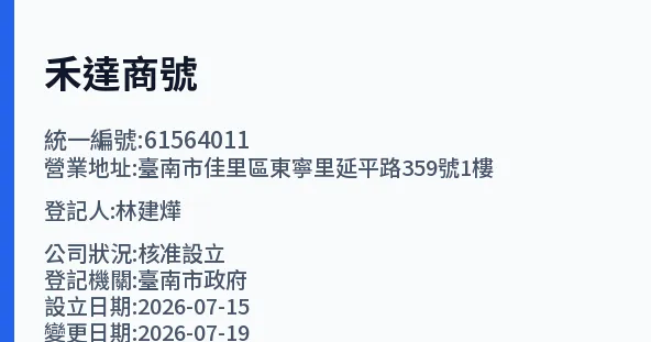 禾達商號的照片-統編 61564011(臺南市) 公司登記資料與營業項目詳細圖表
