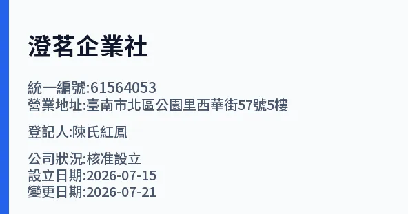 澄茗企業社的照片-統編 61564053(臺南市) 公司登記資料與營業項目詳細圖表
