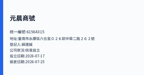元晨商號的照片-統編 61564315(臺南市) 公司登記資料與營業項目詳細圖表