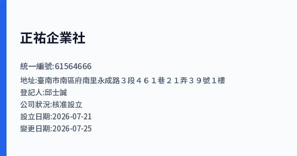 正祐企業社的照片-統編 61564666(臺南市) 公司登記資料與營業項目詳細圖表