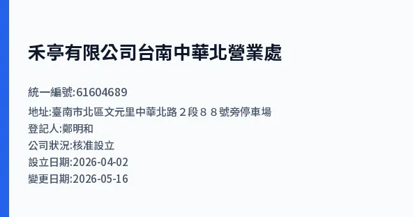 禾亭有限公司台南中華北營業處的照片-統編 61604689(臺南市) 公司登記資料與營業項目詳細圖表