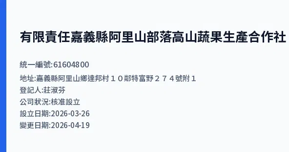 有限責任嘉義縣阿里山部落高山蔬果生產合作社的照片-統編 61604800(嘉義縣) 公司登記資料與營業項目詳細圖表