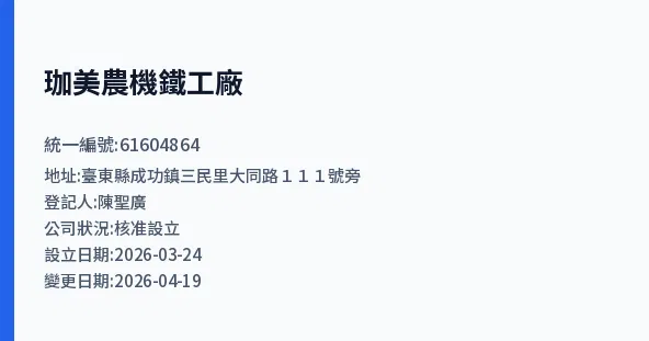 珈美農機鐵工廠的照片-統編 61604864(臺東縣) 公司登記資料與營業項目詳細圖表