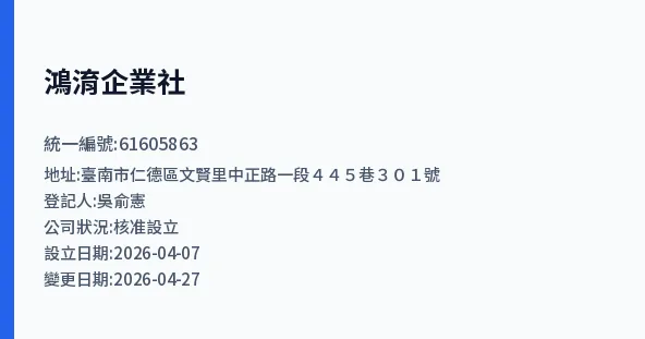 鴻淯企業社的照片-統編 61605863(臺南市) 公司登記資料與營業項目詳細圖表