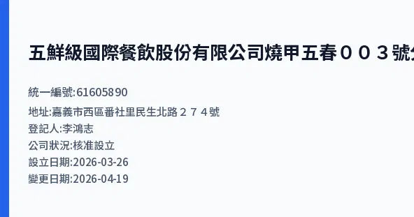 五鮮級國際餐飲股份有限公司燒甲五春003號分店的照片-統編 61605890(嘉義市) 公司登記資料與營業項目詳細圖表
