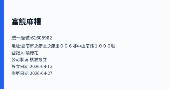 富饒麻糬的照片-統編 61605982(臺南市) 公司登記資料與營業項目詳細圖表