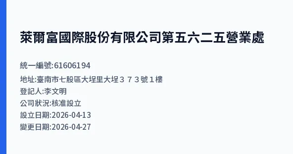 萊爾富國際股份有限公司第五六二五營業處的照片-統編 61606194(臺南市) 公司登記資料與營業項目詳細圖表